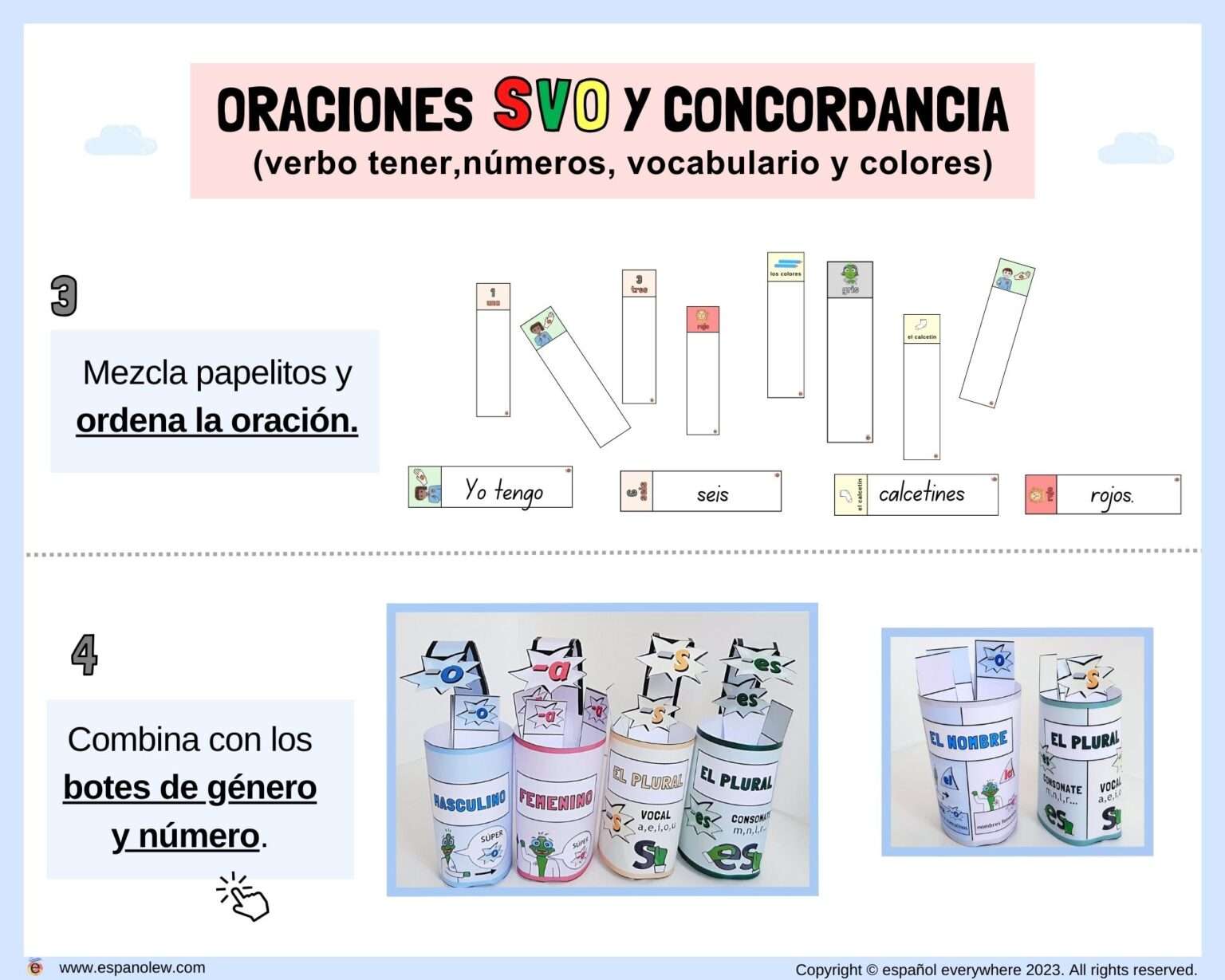 | Concordancia de sustantivos. Números, vocabulario y colores.