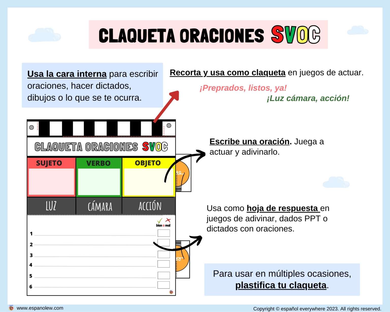 Claquetas de cine para jugar con las partes de la oración. Juegos para ...