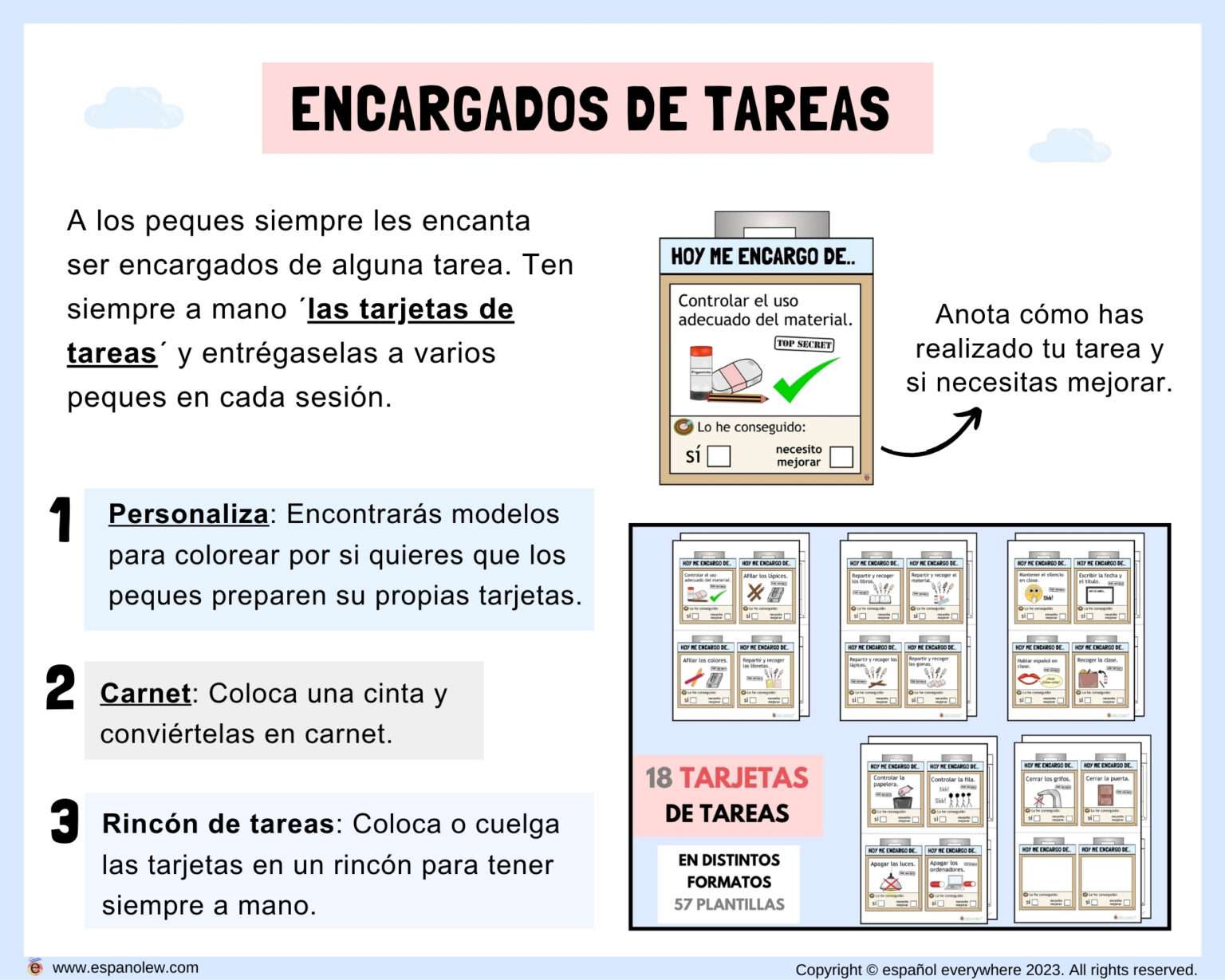 Tarjetas de tareas para la clase de español. Encarga en clase. Ideas ...