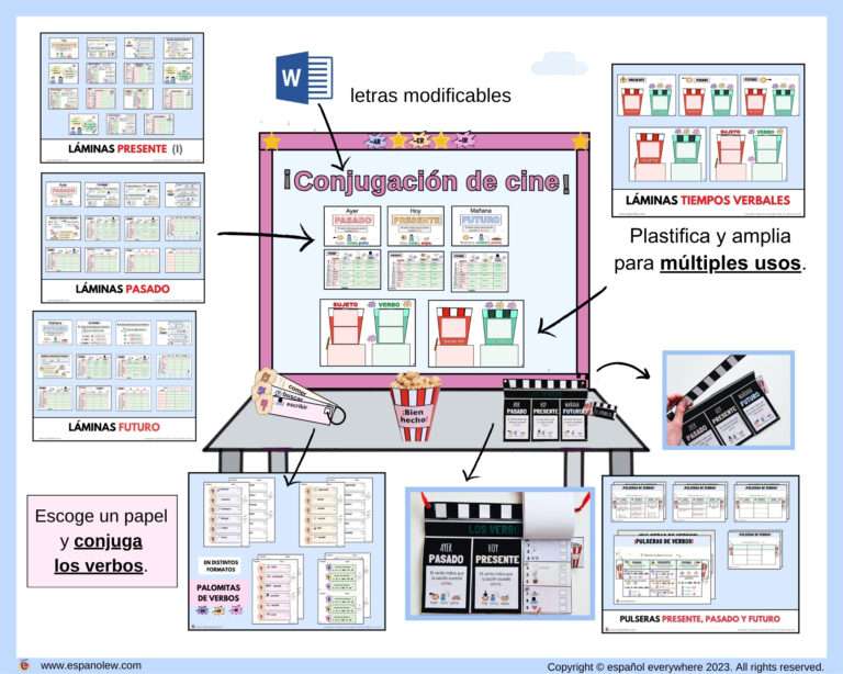 💻´Cine de verbos y repaso I´. Conjugación, material escolar y oraciones ...